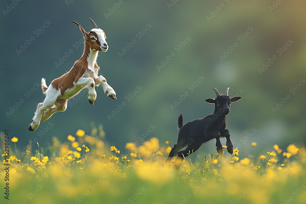 Two baby goats are jumping in the grass. One black and white goat with ...