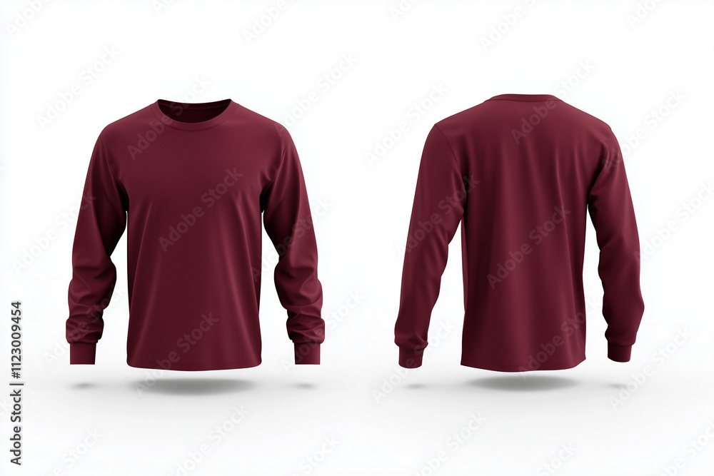 Blank 3D mockup of men's maroon long sleeve t-shirt front and back view ...