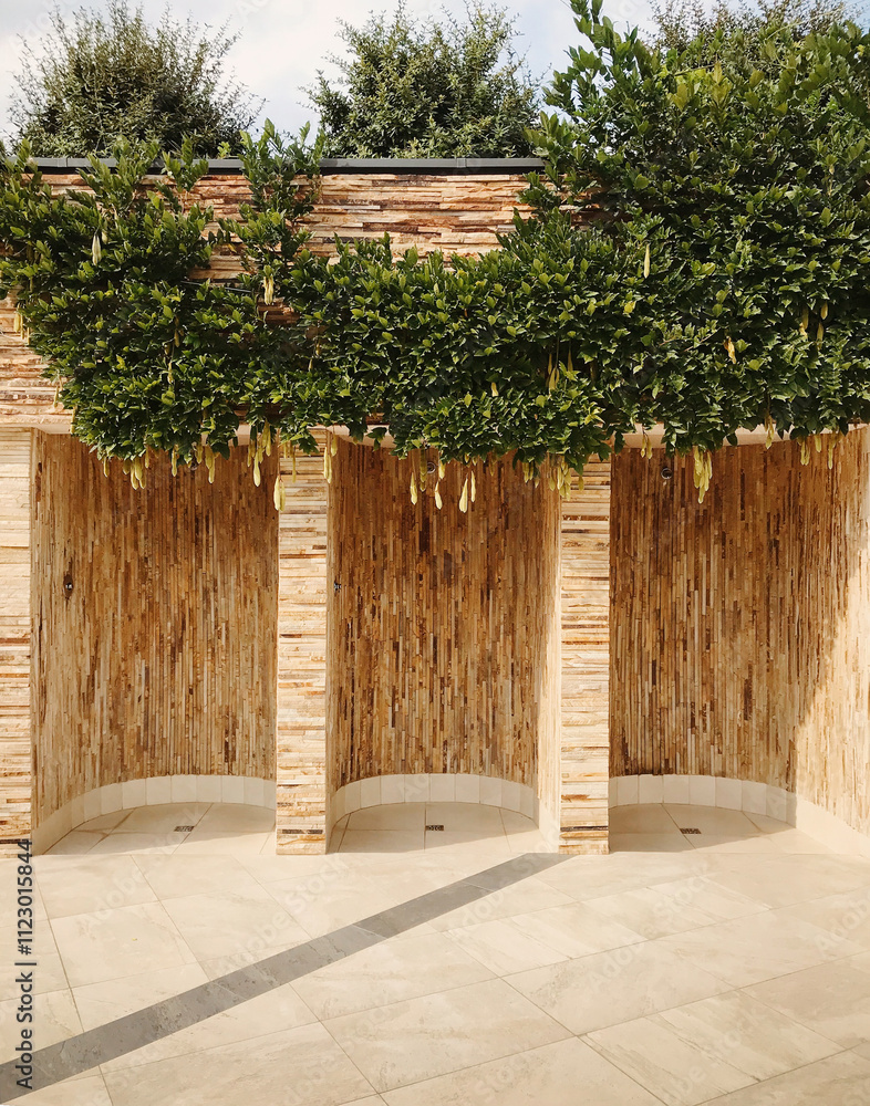 Three public showers at the beach. Two-dimensional view of public beach ...