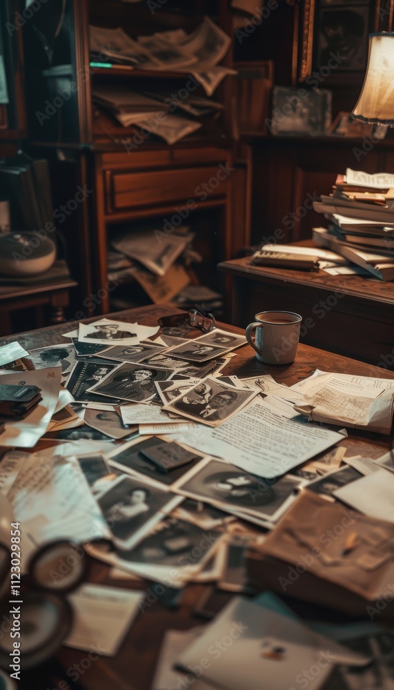 Detective's Desk with Case Files and Coffee in Vintage Office Setting ...