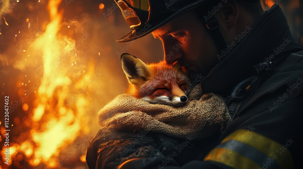 Firefighter Rescuing Injured Fox Amid Wildfire, Showcasing Compassion ...