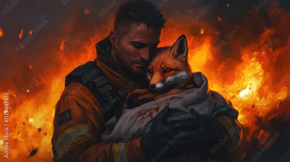 Firefighter Rescuing Injured Fox Amid Wildfire, Showcasing Compassion ...