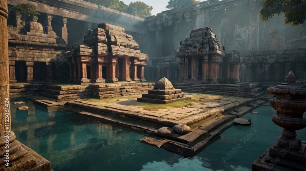 Ancient temples with magical floating artifacts. Stock Illustration ...