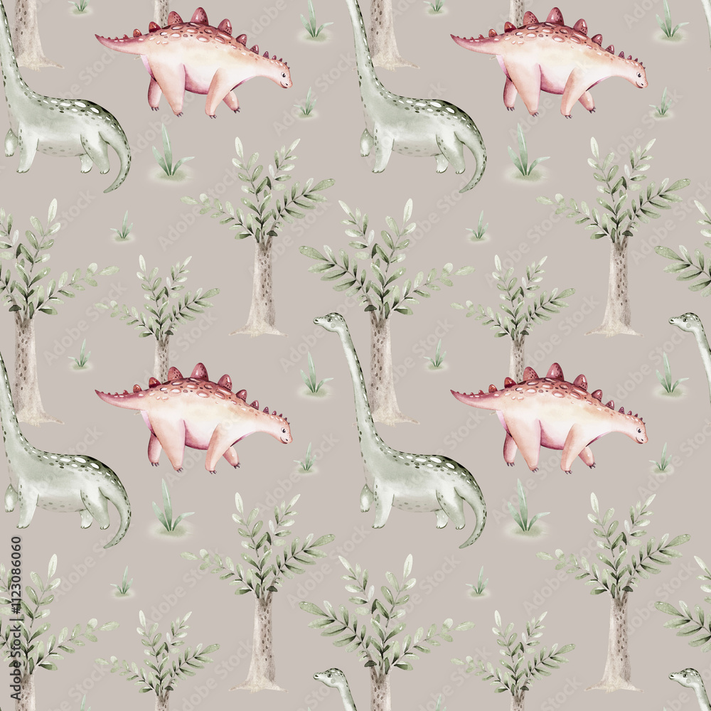 Watercolor dinosaur seamless pattern. Hand painted cute dinosaurs ...