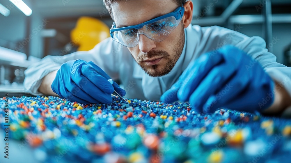 Scientist measuring recycled plastic granules for quality assurance in ...