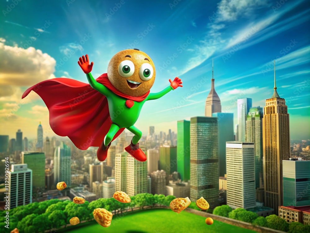 Superhero Snack Cartoon Character Flying with Red Cape Against Green ...