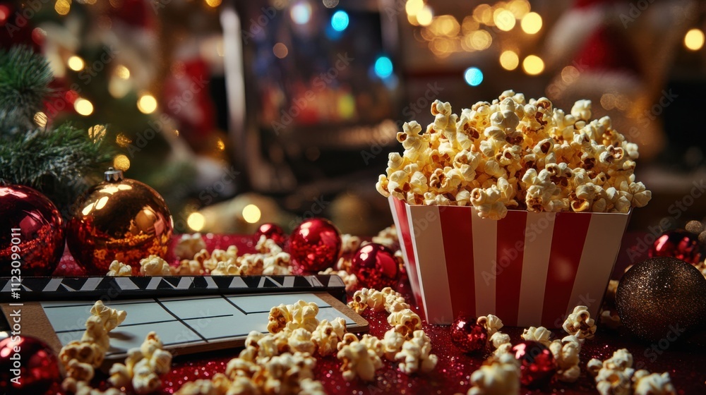 Ilustración de Stock Popcorn setup with festive baubles and ...