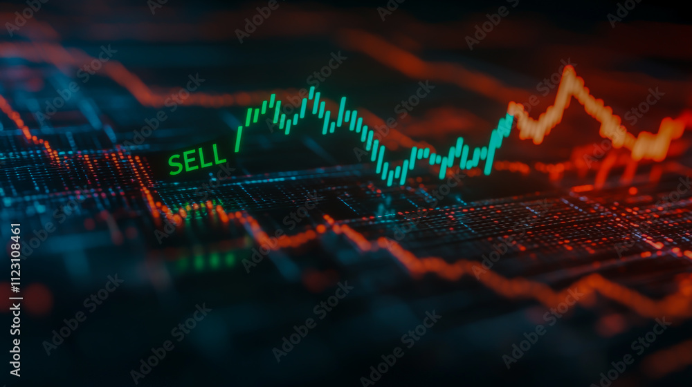 Create a 3D visualization of a stock market chart featuring two ...