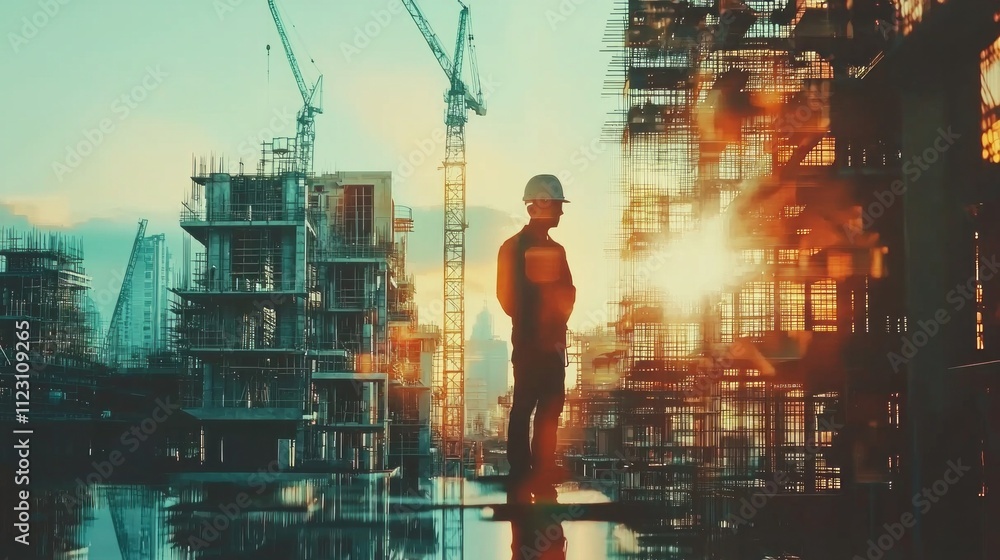 Engineers stand silhouetted against a vibrant sunset, overseeing ...