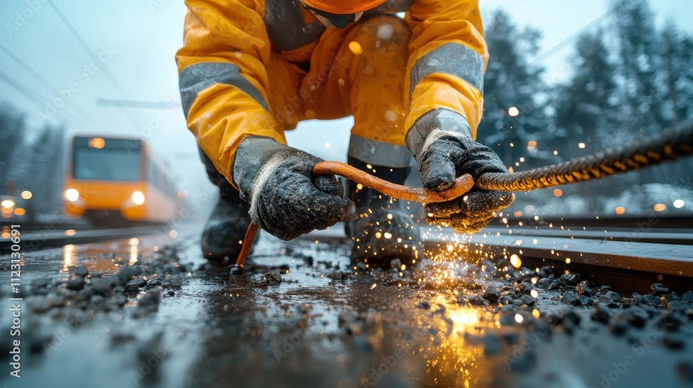 A keen railway worker in bright gear carefully inserts a cable into the ...