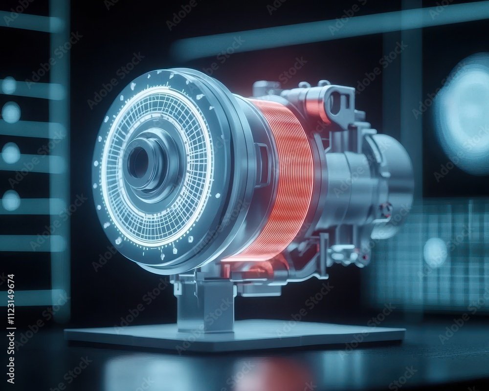 Futuristic engine design with glowing elements and digital interface ...