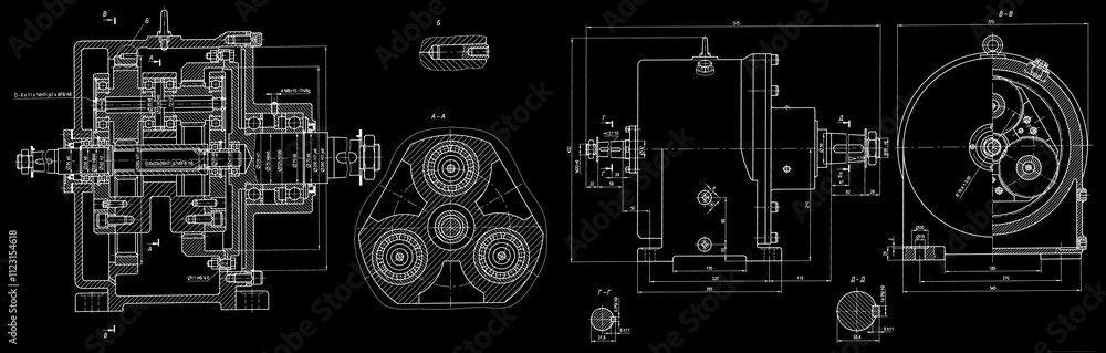 Engineering mechanical pencil drawing set of steel devices (reducer ...