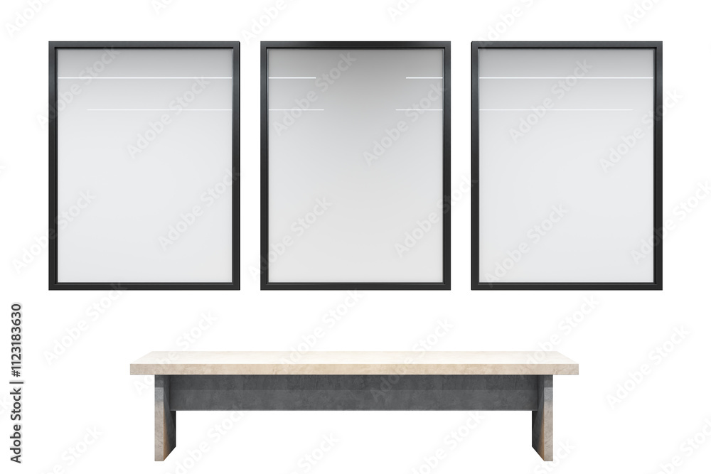 Three black rectangular frames on a white backdrop with a stone bench ...