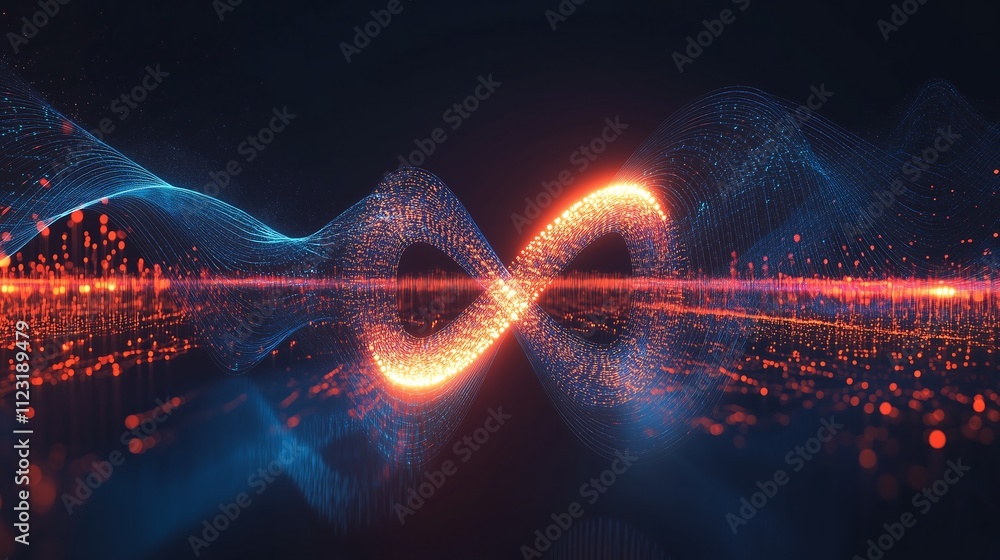 A minimalist glowing infinity symbol created from a continuous ECG wave, plain dark background ...
