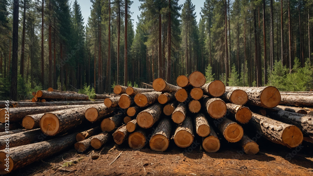Timber logging site, vast pile of log trunks in foreground ...