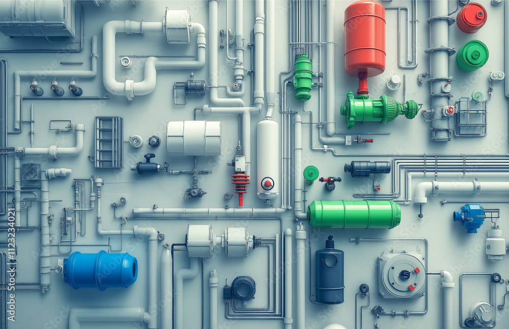 Water System with Blue Pipes, Green Tubes, Red Tanks, and Control ...