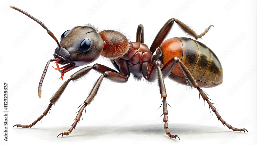 A close-up view captures the intricate details of a large ant. It ...