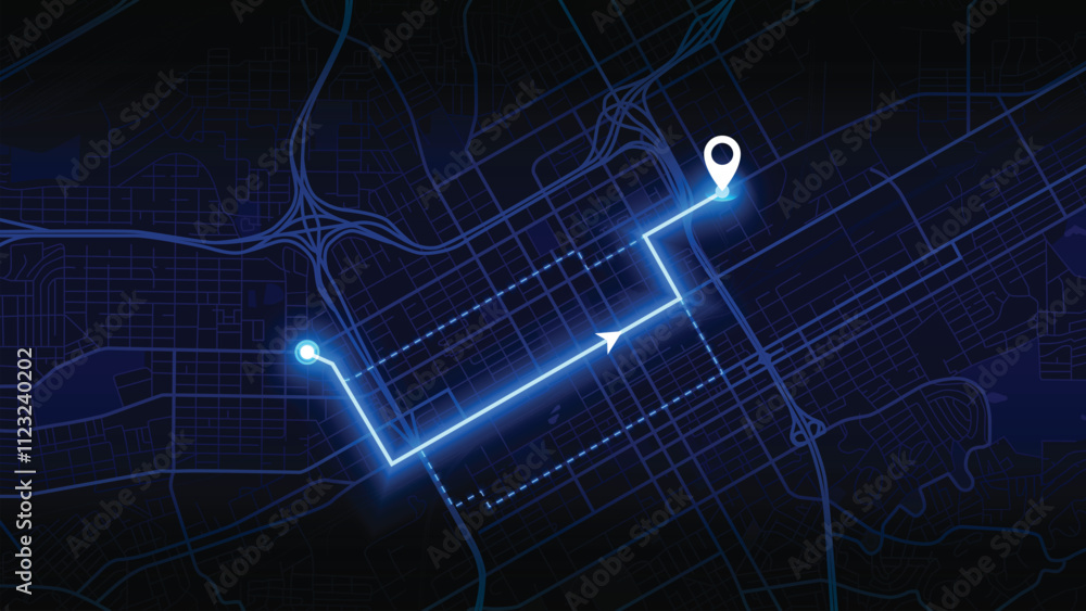 blue neon GPS road map of Birmingham with the arrow that moves to the ...