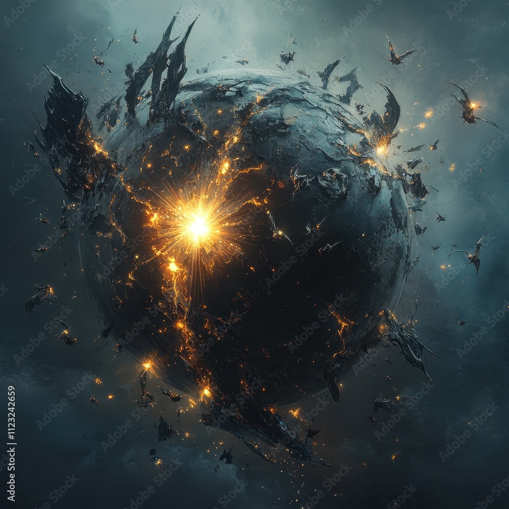 Emerging Creatures from a Shattered Globe Cosmic Scene Digital Art Dark ...