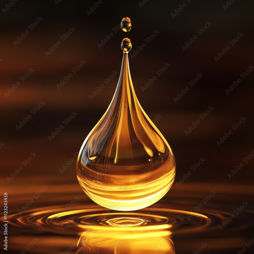 Glowing Molten Gold Drop Rippling Water Surface Nature Scene Liquid ...
