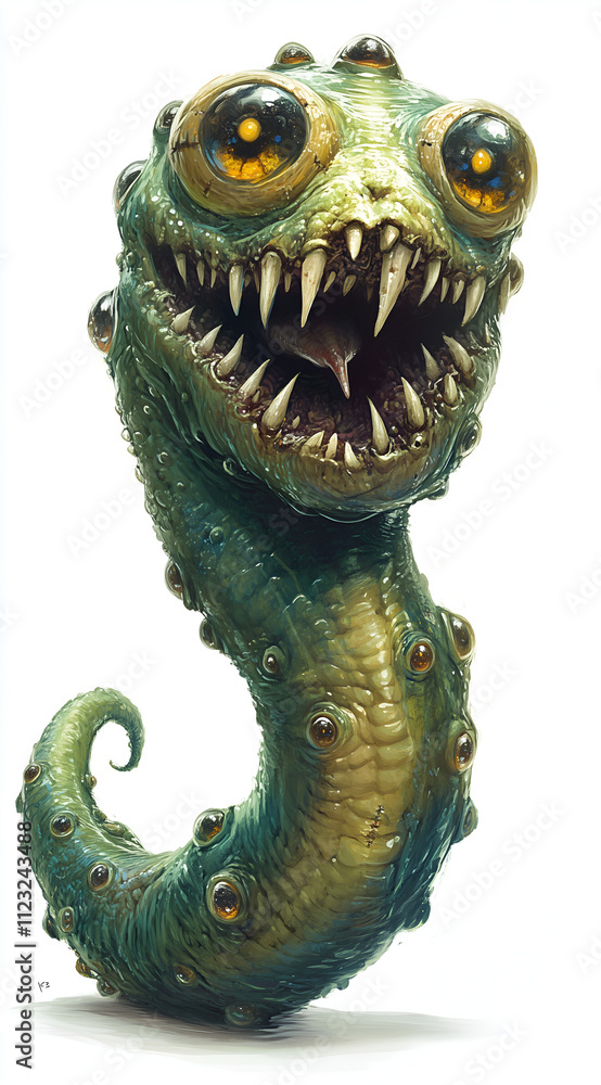 monster art, a green worm with many eyes and sharp teeth on its body ...