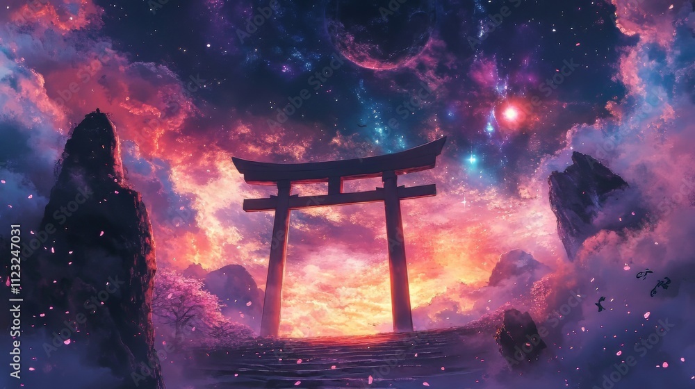 Colorful vibrant anime torii gate japanese landscape with sakura and ...