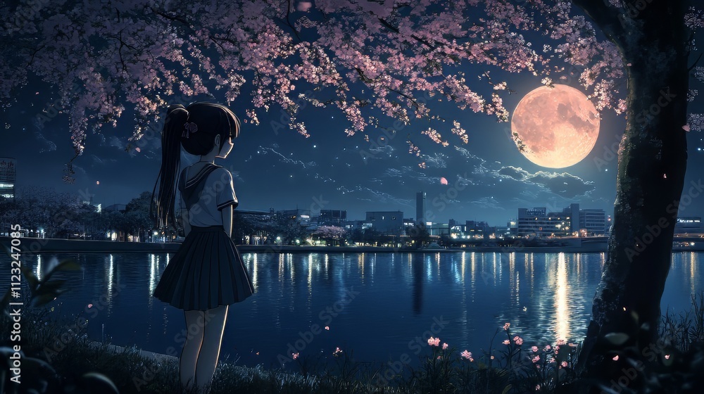 Cute anime girl admiring the moonlit night by the lake in a japanese ...