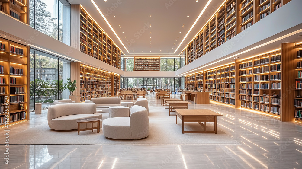 A modern library interior with a focus on numbered shelves and signage ...
