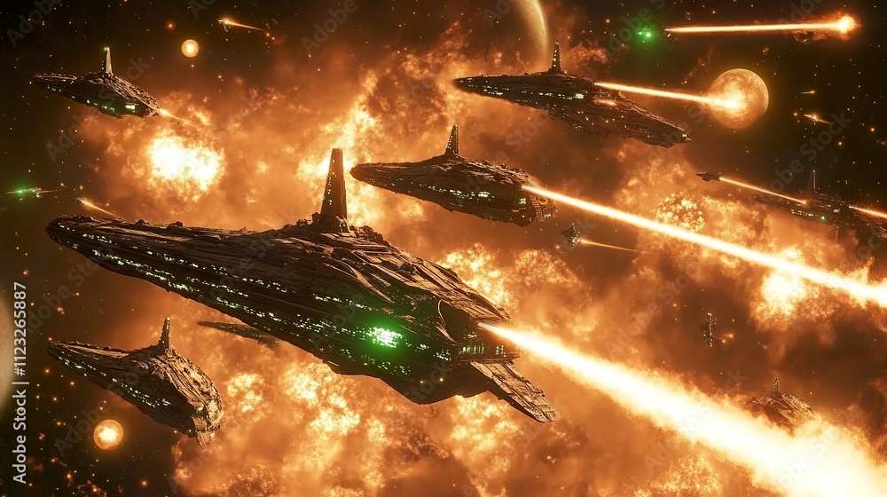 Fiery space battle; fleet of futuristic warships firing energy weapons ...
