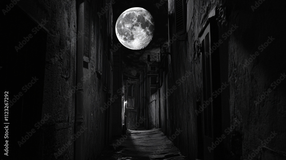A dark alleyway under a full moon, where the shadows twist into ...
