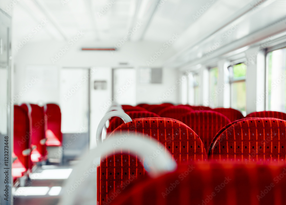 White rail car interior with red velvet seats. Perspective view of ...