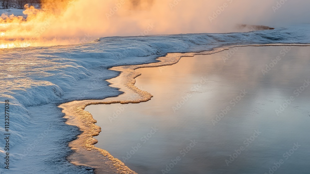 Frozen ice sheets partially melting along the edge of a steaming hot ...