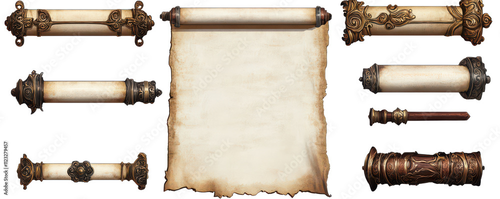 Antique Scroll Parchment Paper Ornate Metal Rollers Game Assets on transparent background Stock ...
