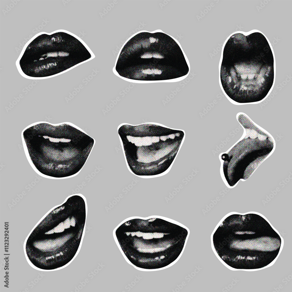 lips expression stickers vector sexy Valentine’s day retro photocopy ...