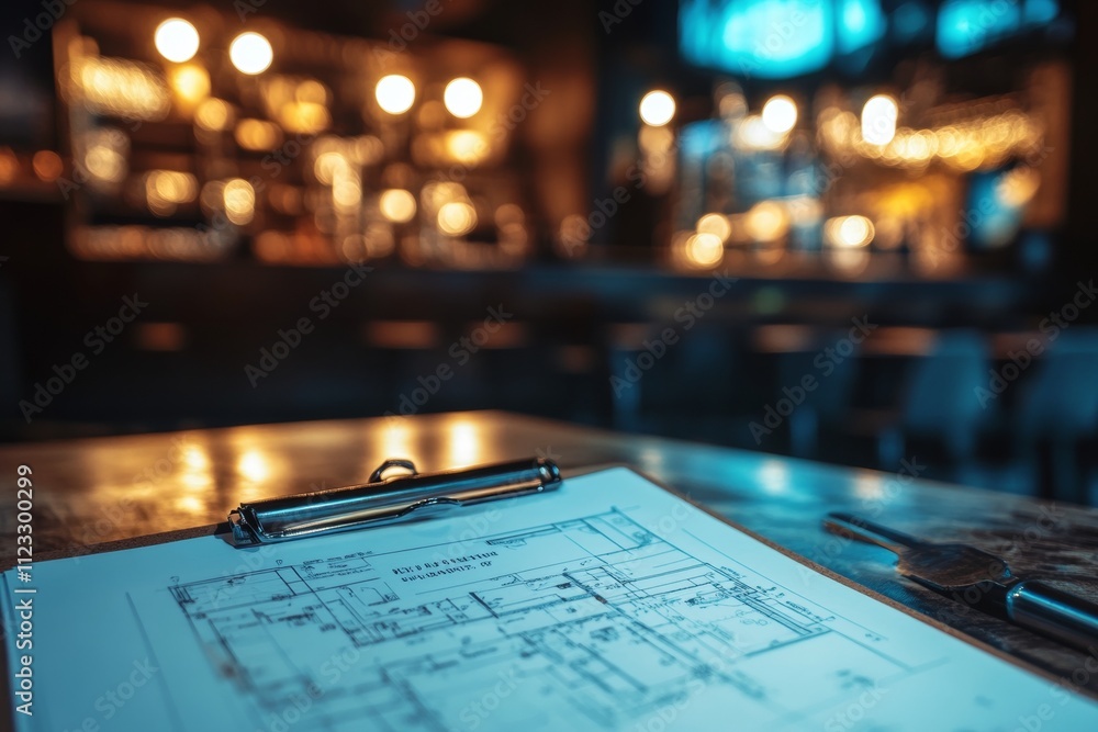 Foto de Stock Detailed blueprint of restaurant layout and menu on ...
