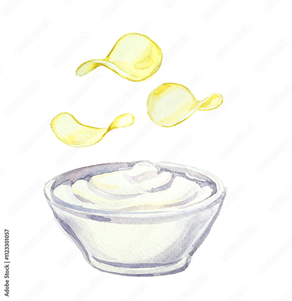 Watercolor potato chips and saur cream taste clipart isolated on a ...