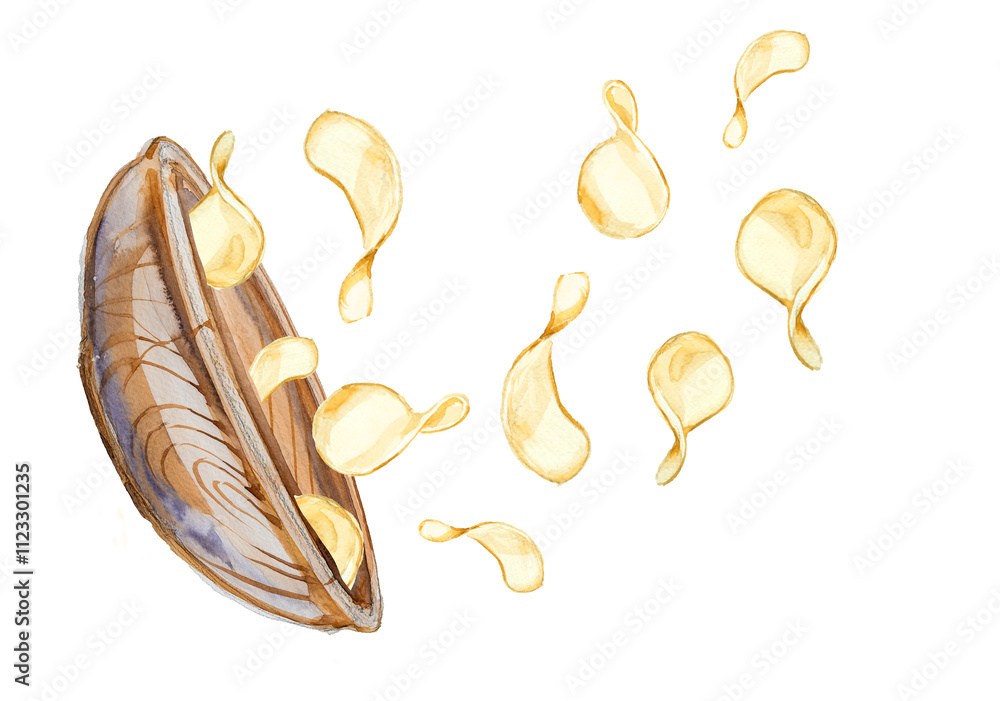 Watercolor potato chips clipart isolated on a white background. Hand ...