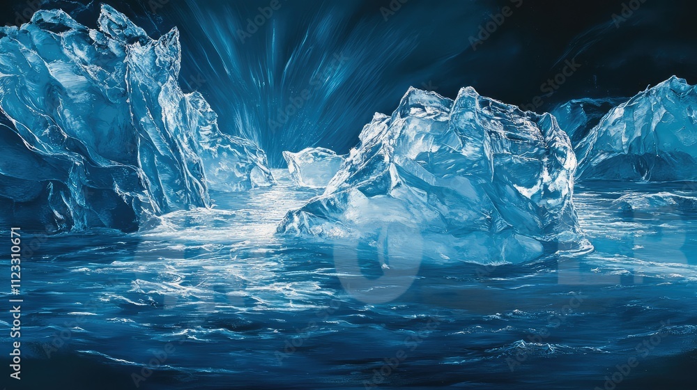 Submerged jagged ice pieces resting on the ocean floor, with rippling ...