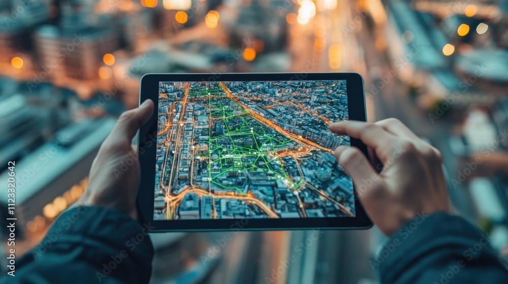 A logistics map on a tablet showing optimized green routes for ...