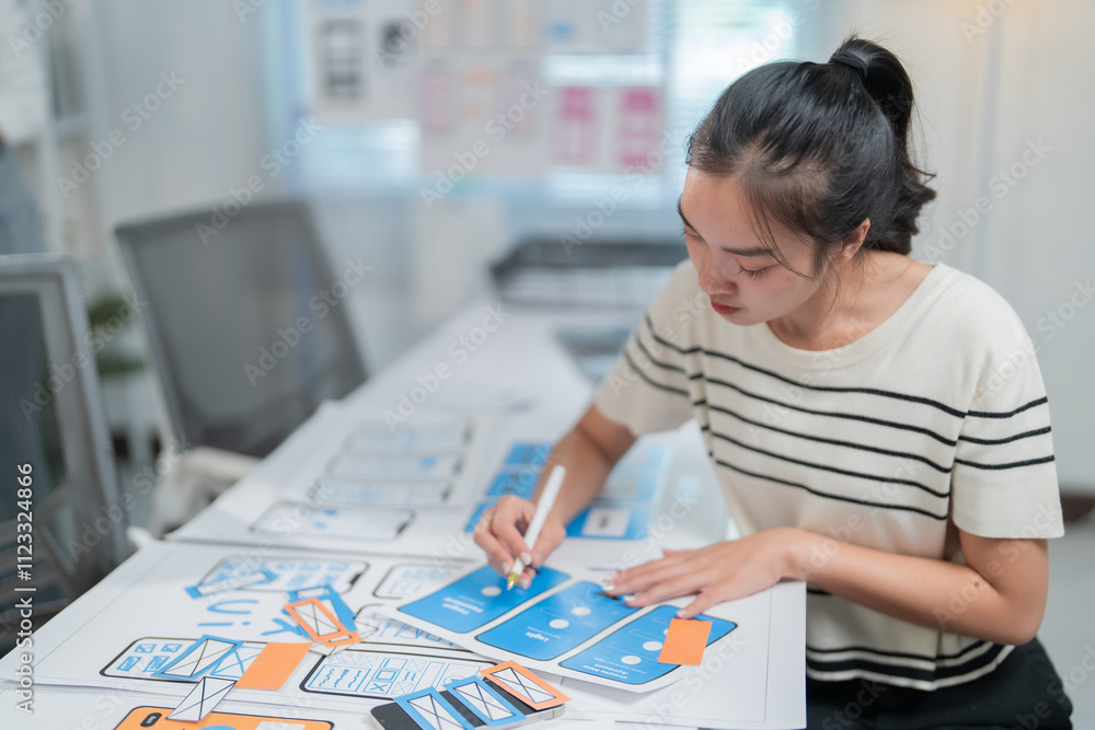 Asian female web designer sketching mobile application interfaces while ...