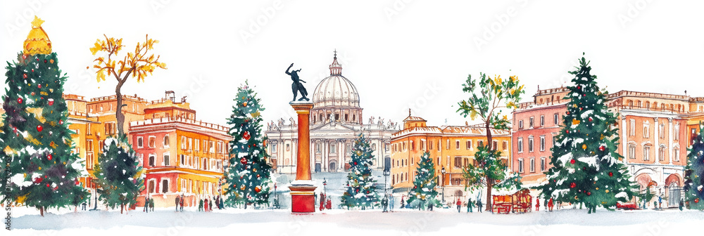 Watercolor Christmas in Rome - Snowy Roman Christmas scene, St Peters ...