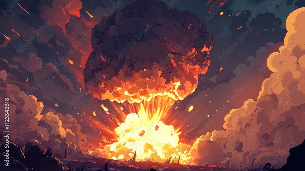 Epic anime style nuclear explosion background, cartoon blast with smoke ...