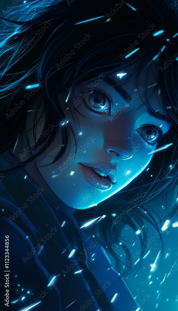 Anime inspired young woman with blue eyes and black hair crying amidst ...