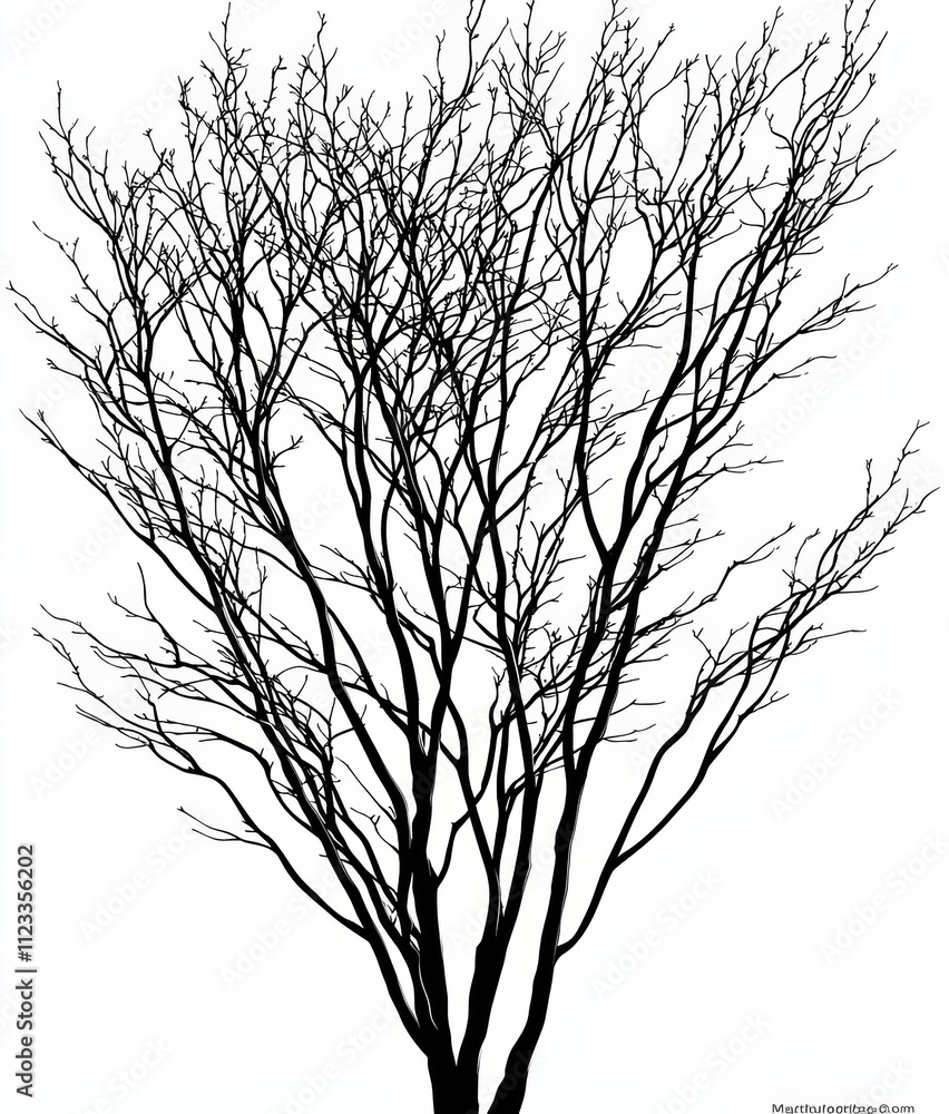 Sketch of silhouette single deciduous bare tree in winter season ...