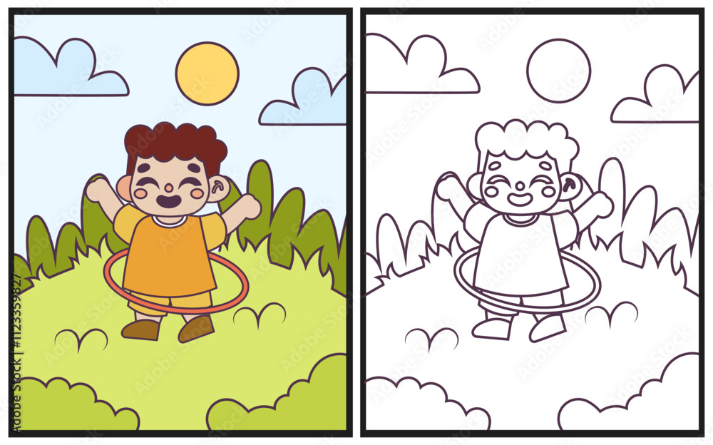 Kids playing hula hoop coloring page vector illustration Stock Vector ...