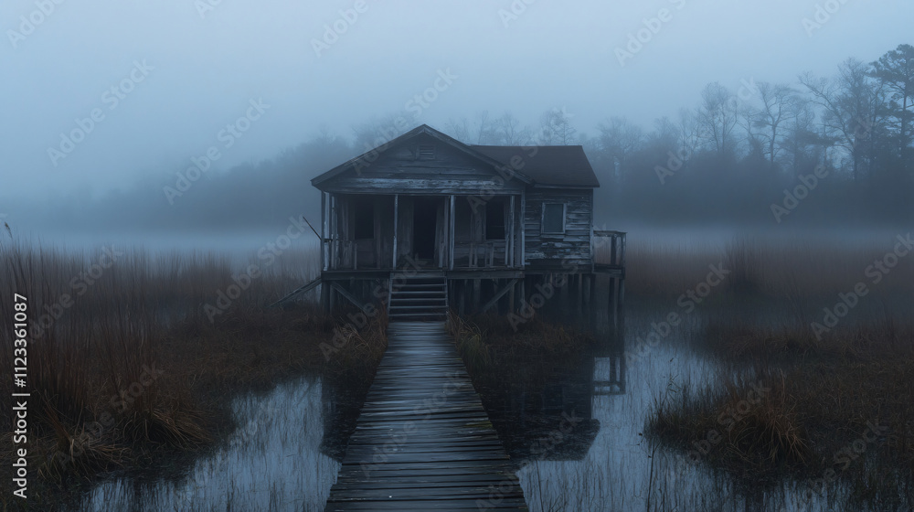 A deteriorating swamp cabin, its stilts sinking into the marshy ground ...