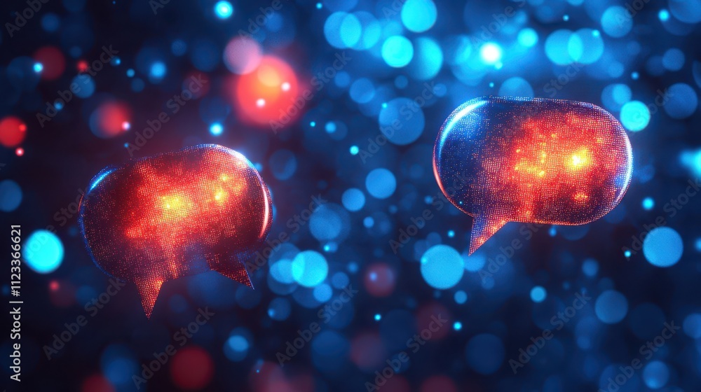 Creative GPT chat hologram with speech bubbles on blurred blue ...