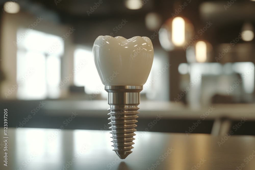 Realistic dental implant model featuring tooth and screw design in a ...