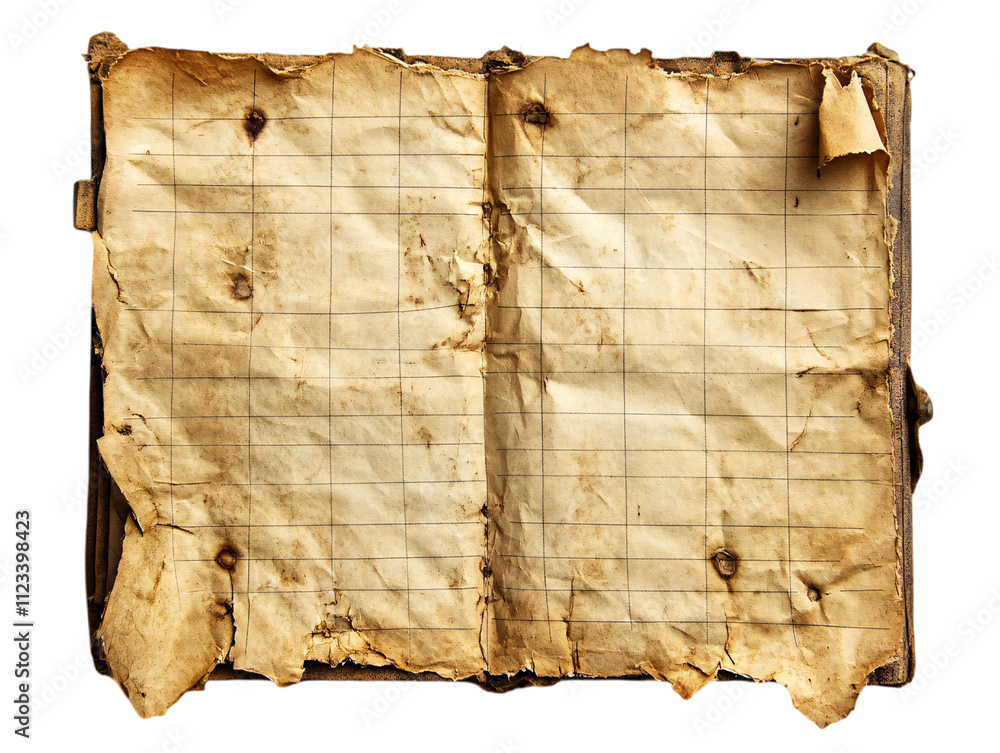 A weathered, open book with yellowed, textured pages, displaying faint ...