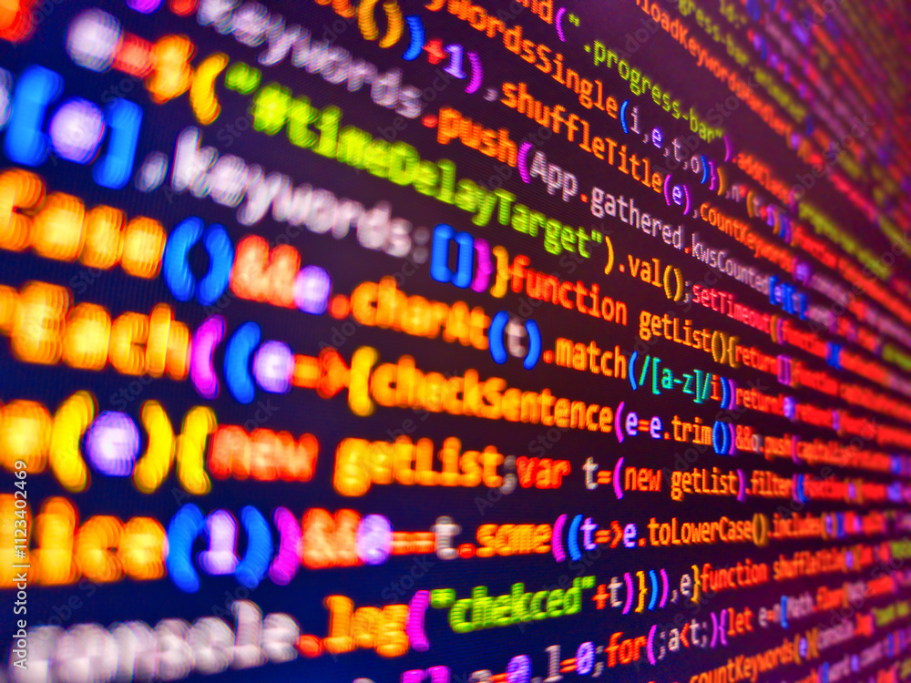 Green binary code on computer screen texture background. Programming concept. Blue banner with ...